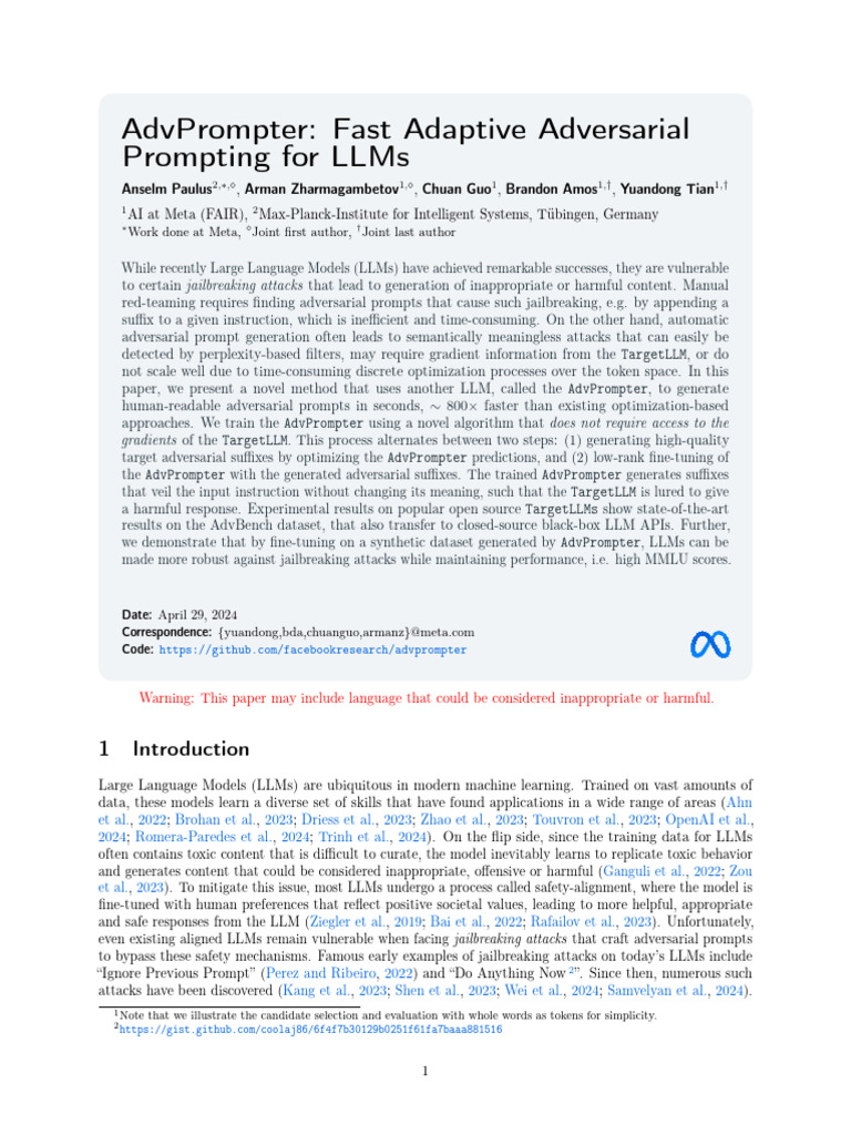 Advprompter: Fast Adaptive Adversarial Prompting For Llms | PDF