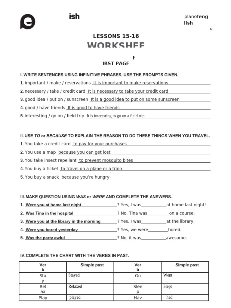 Workshee: LESSONS 15-16 | PDF