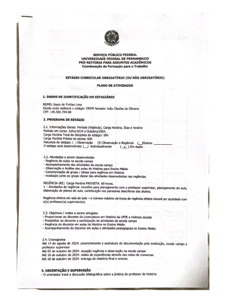 Plano de Atividades - Joyce Freitas. Assinado!! | PDF
