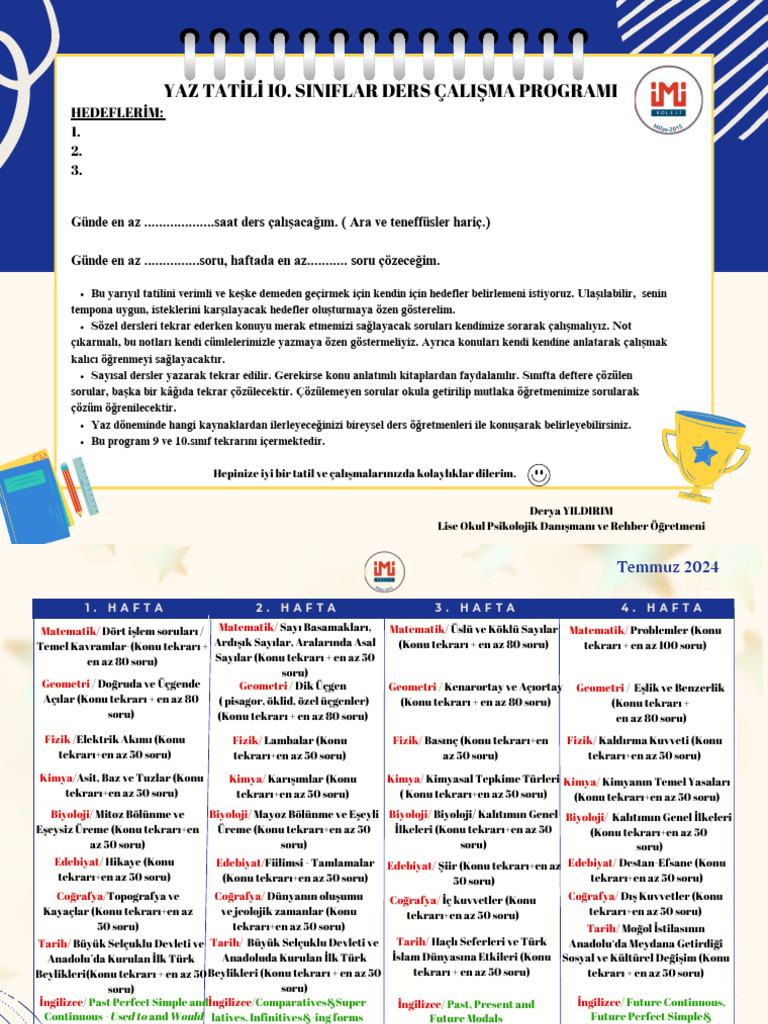 10.sinif Yaz Donemi Calisma Programi | PDF