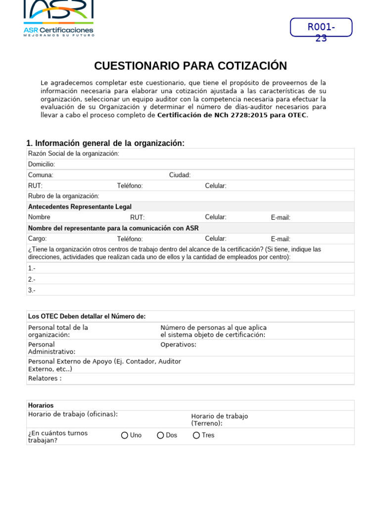 Cotización Certificación NCh 2728 OTEC 2025 | PDF