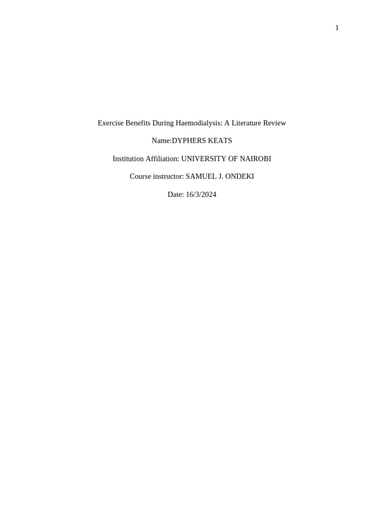 Final Exercise Benefits During Haemodialysis Literature Review | PDF