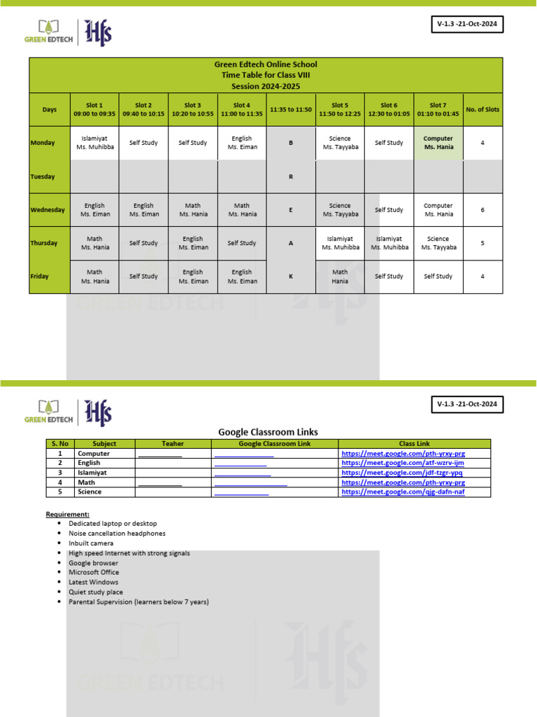 Class VIII Time Table-2 | PDF