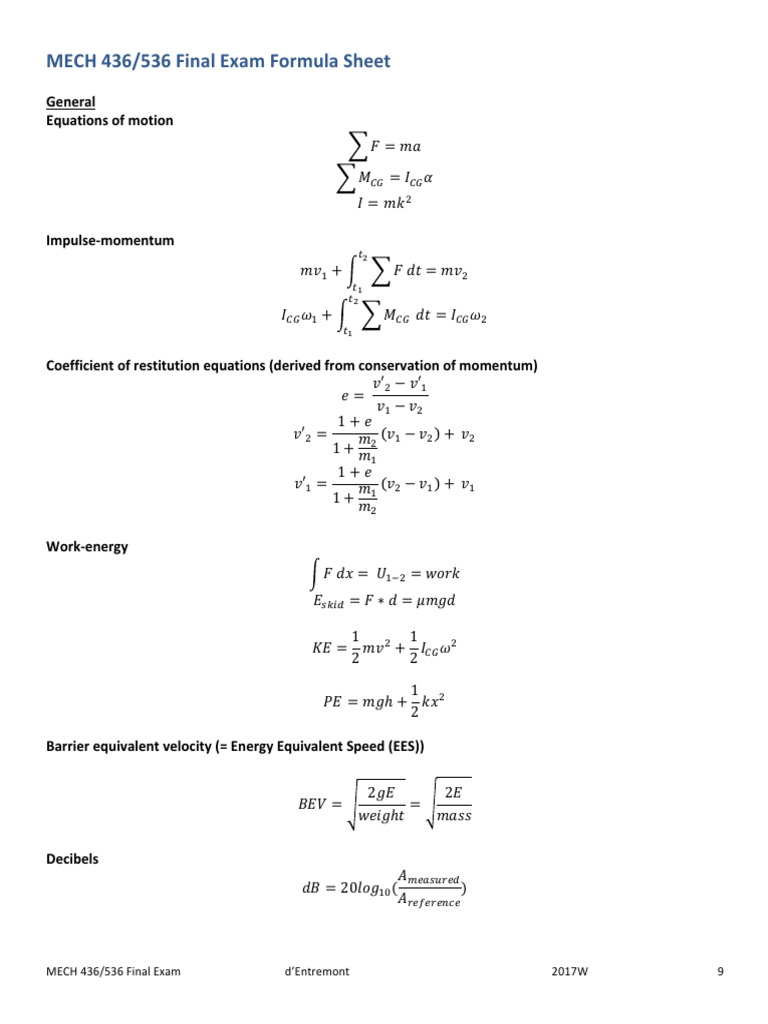 MECH 436-536 Formula Sheet | PDF