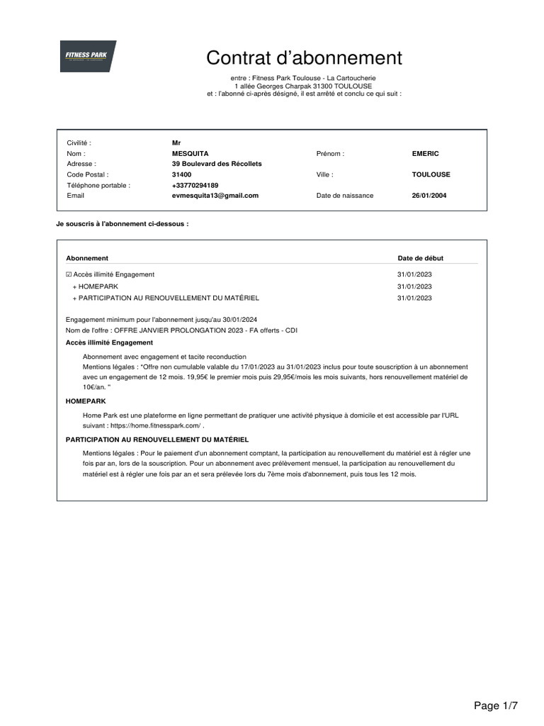 Contrat Fitness Park | PDF