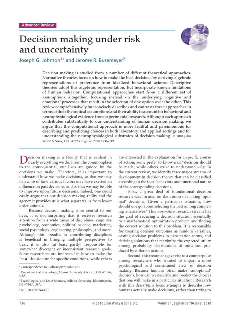 Decision making under risk and uncertainty | PDF
