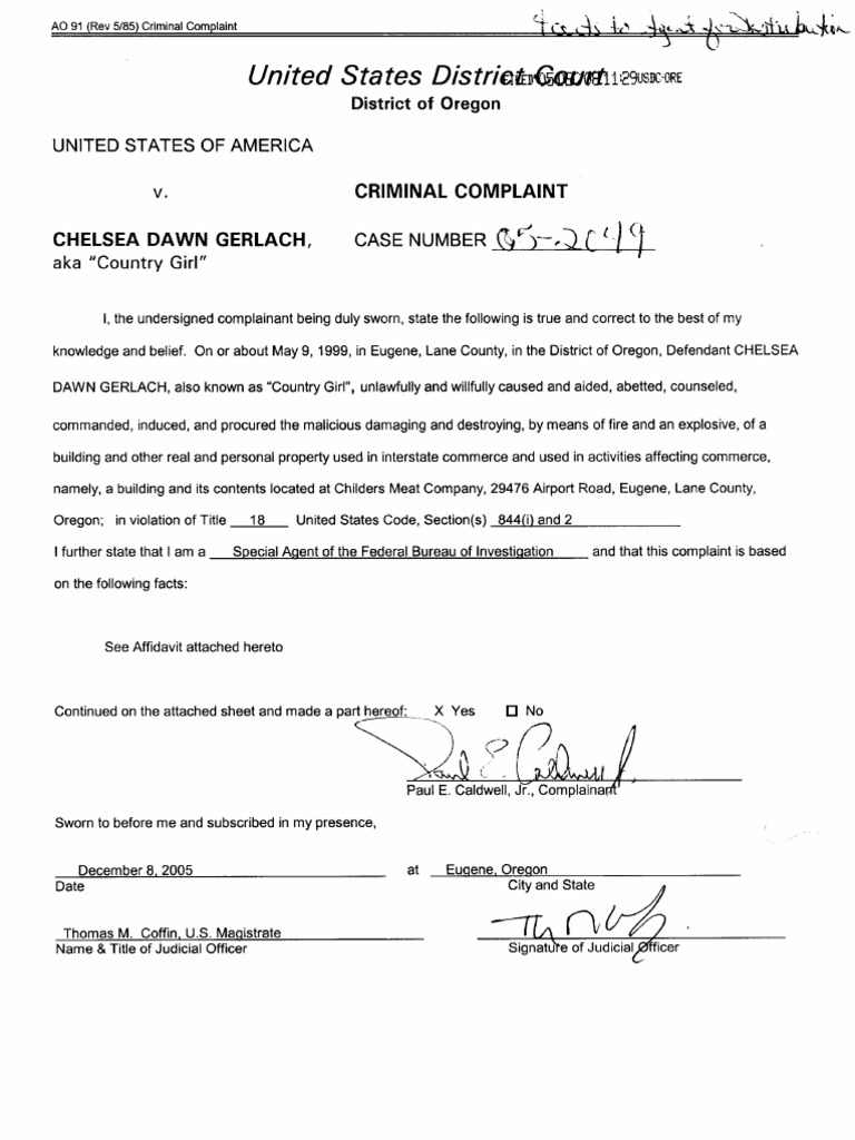 United Sta Tes Dis T R I & : W M : Criminal Complaint Chelsea Dawn ...