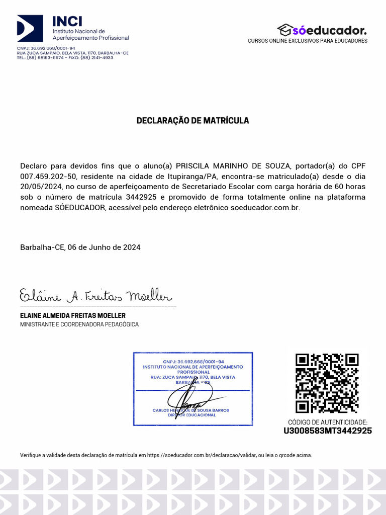 Declaração de Matricula | PDF