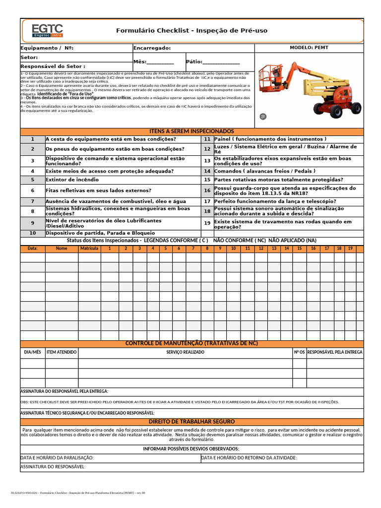 FORMULÁRIO DE INSPEÇÃO - PRÉ USO PEMT Rev.00 | PDF