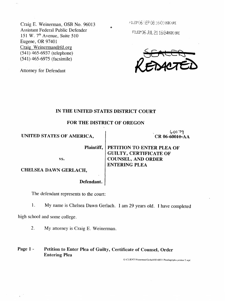 Guilty Plea Petition: Chelsea Gerlach | PDF | Plea | United States ...