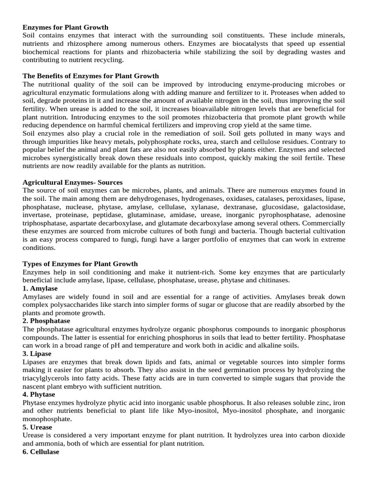 Enzymes Enhancing Plant Growth | PDF | Soil | Nutrition