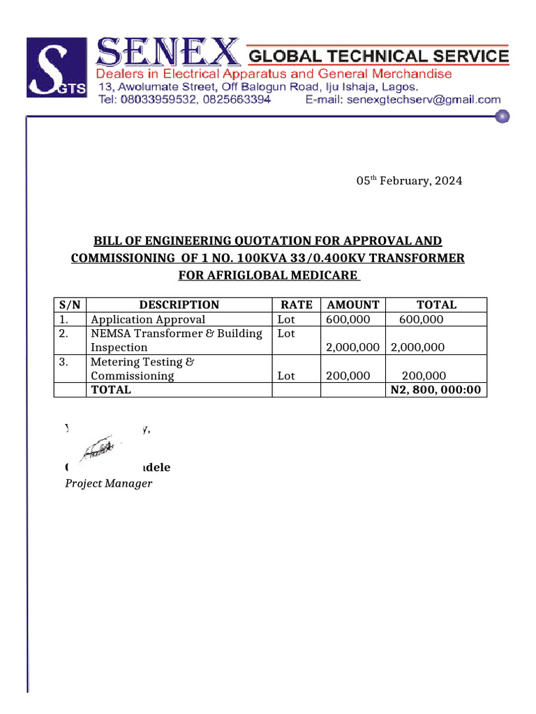 Bill Quotation For Afriglobal | PDF