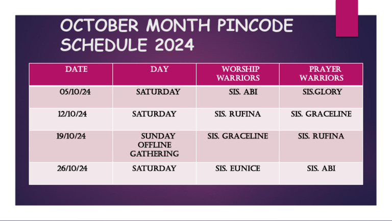 October Month Pincode Schedule 2024: Date DAY Worship Warriors Prayer Warriors | PDF
