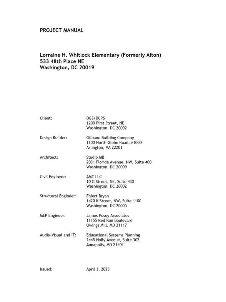 2023-04-03 - Lorraine Whitlock Elementary School Project Manual | PDF
