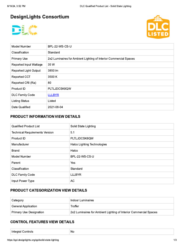 DLC Qualified Product List - Solid State Lighting | PDF