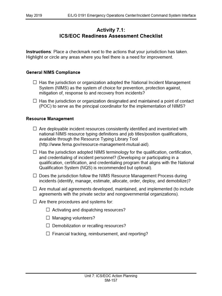 ICS/EOC Readiness Assessment Checklist | PDF | Incident Command System ...