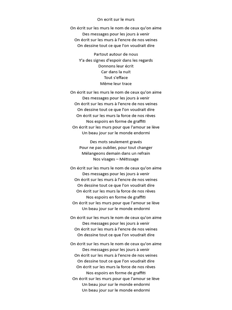 Paroles de "On écrit sur les murs" | PDF