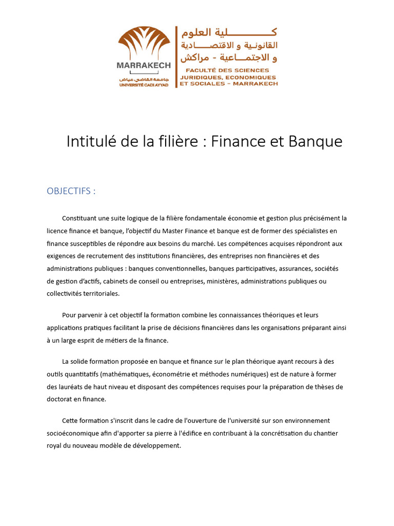 Intitulé de La Filière: Finance Et Banque: Objectifs | PDF