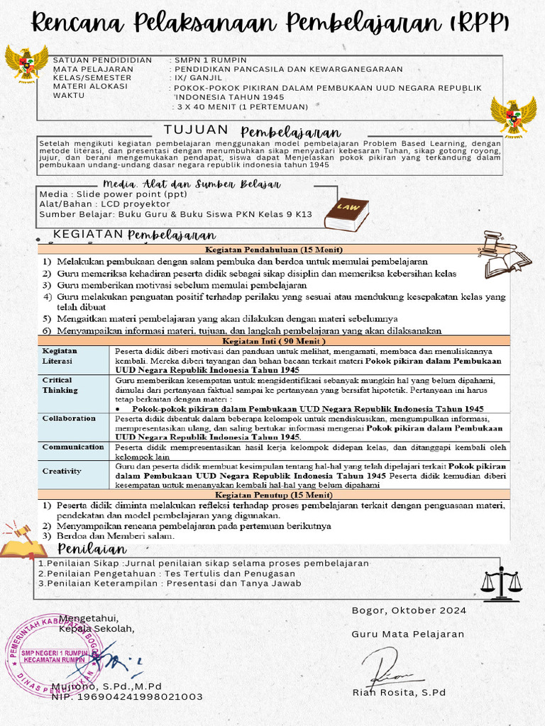 RPP - PPKN - 9 (Materi Pokok Pikiran Pembukaan UUD 1945) - Rian Rosita PDF | PDF