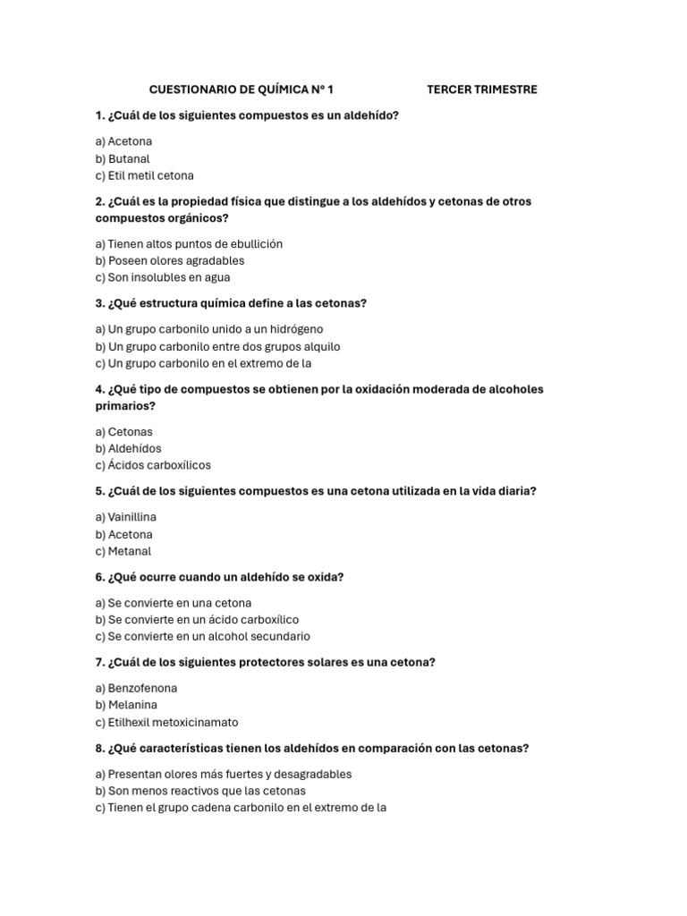 Cuestionario de Química 3t | PDF | Cetona | Tecnología