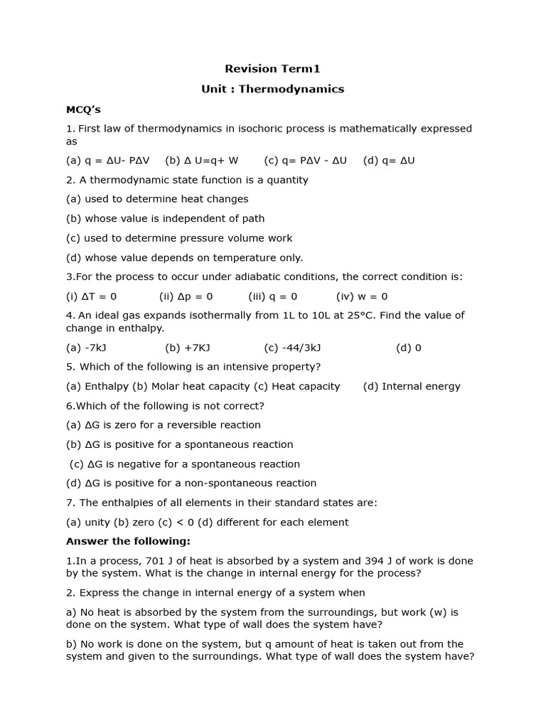 Revision Term1 Thermodynamics and Equilibrium | PDF