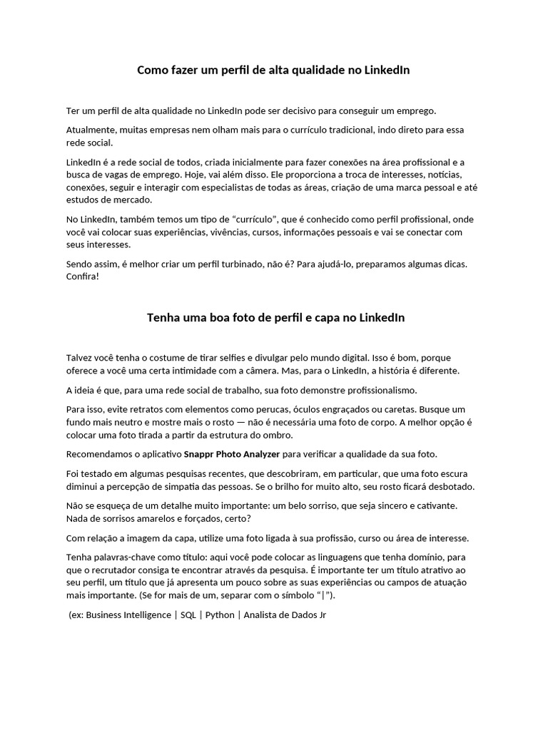 Como fazer um perfil de alta qualidade no LinkedIn | PDF