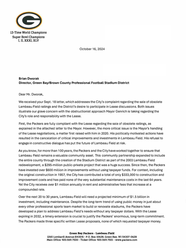 Packers Letter UPDATED | PDF | Green Bay Packers | American Football