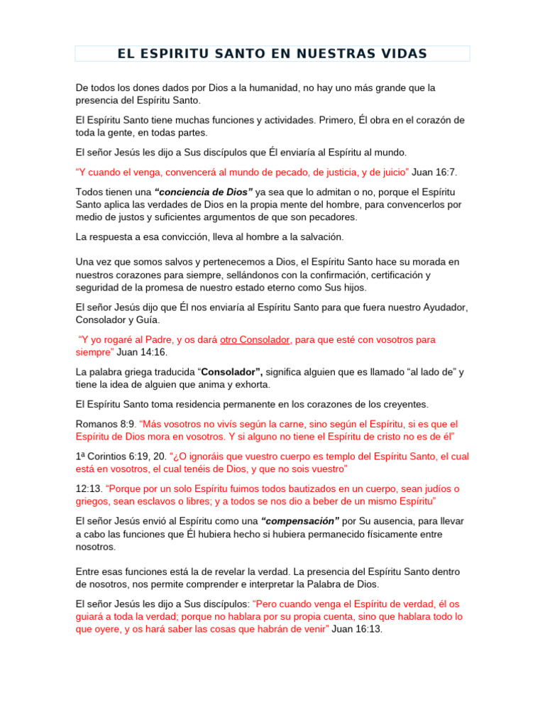 El Espiritu Santo en Nuestras Vidas | PDF