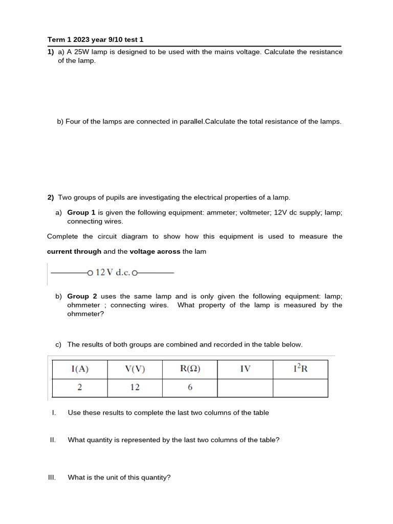 Year 10 Test 1 Term 1 2023 | PDF | Electrical Resistance And ...