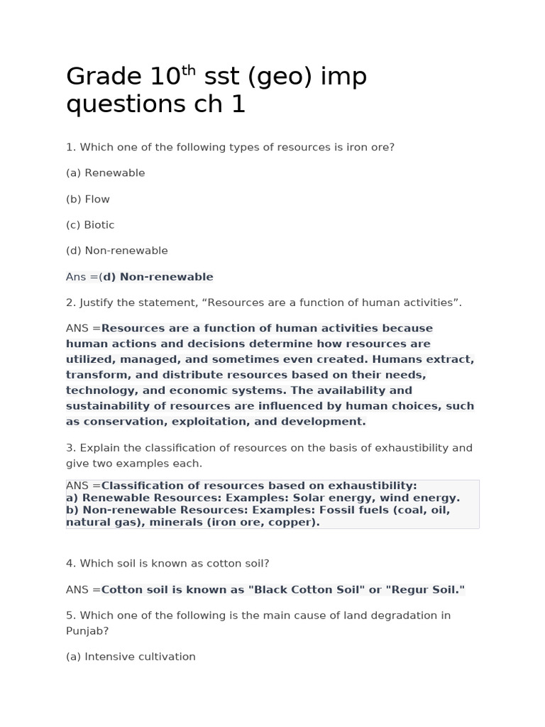 Grade 10th SST Geo CH 1 Imp Questions | PDF