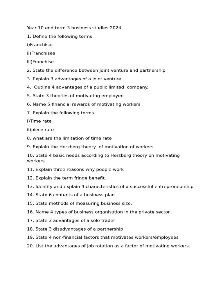 Year 10 Business Studies. | PDF | Finance & Money Management