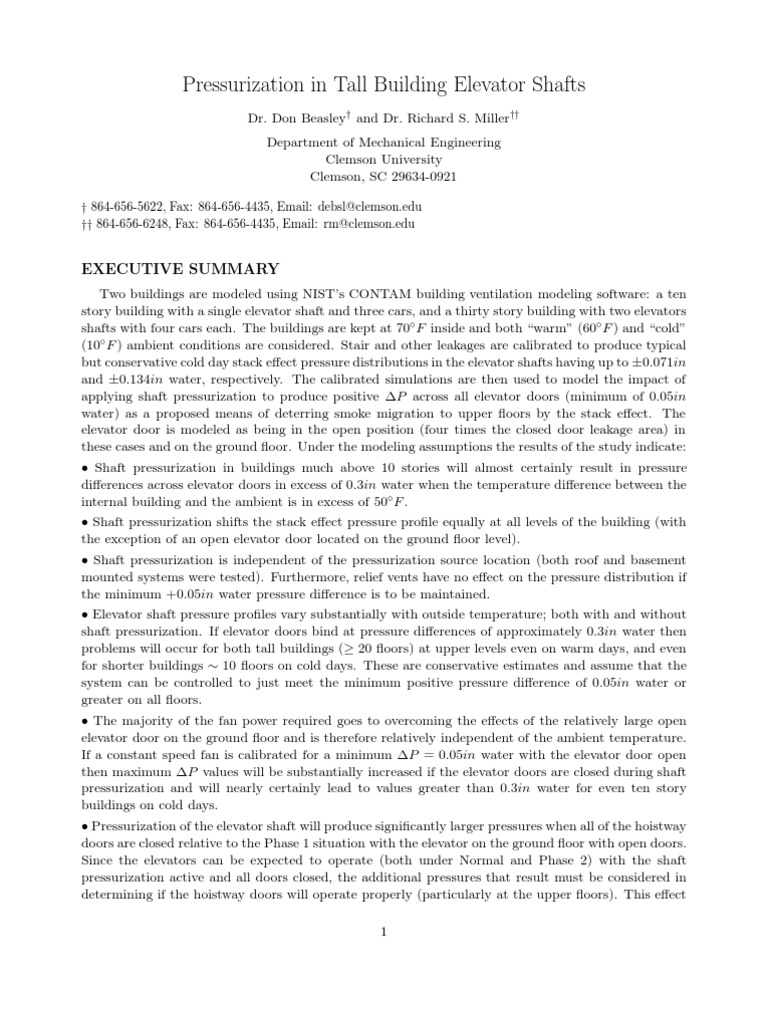 Pressurization in Tall Building Elevator Shafts: Executive Summary ...