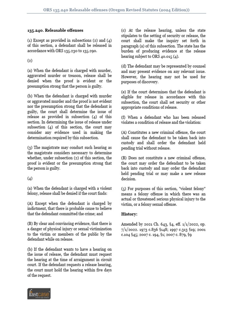 ORS 135240 Releasable Offenses Oregon Revised Statutes 2024 Edition | PDF
