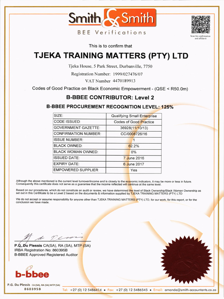 Tjeka BEE Certificate | PDF