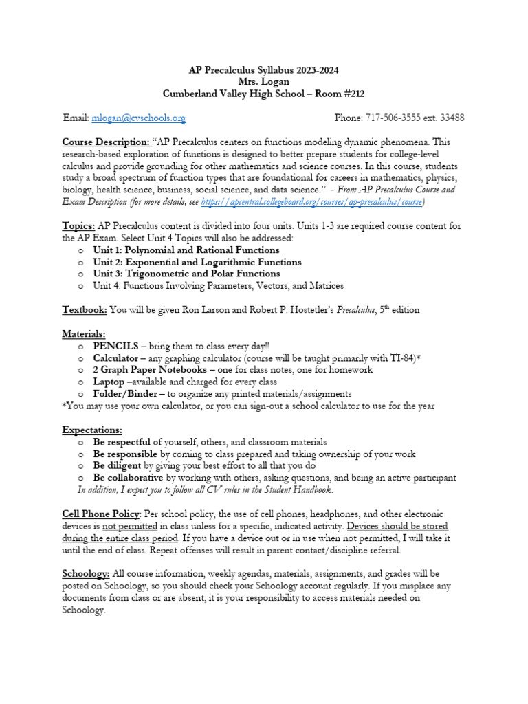 AP Precalculus Syllabus 23-24 | PDF