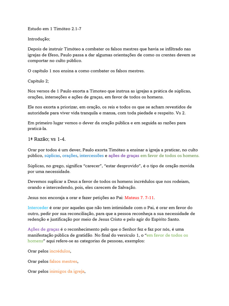 Estudo em 1 Timóteo 2 | PDF