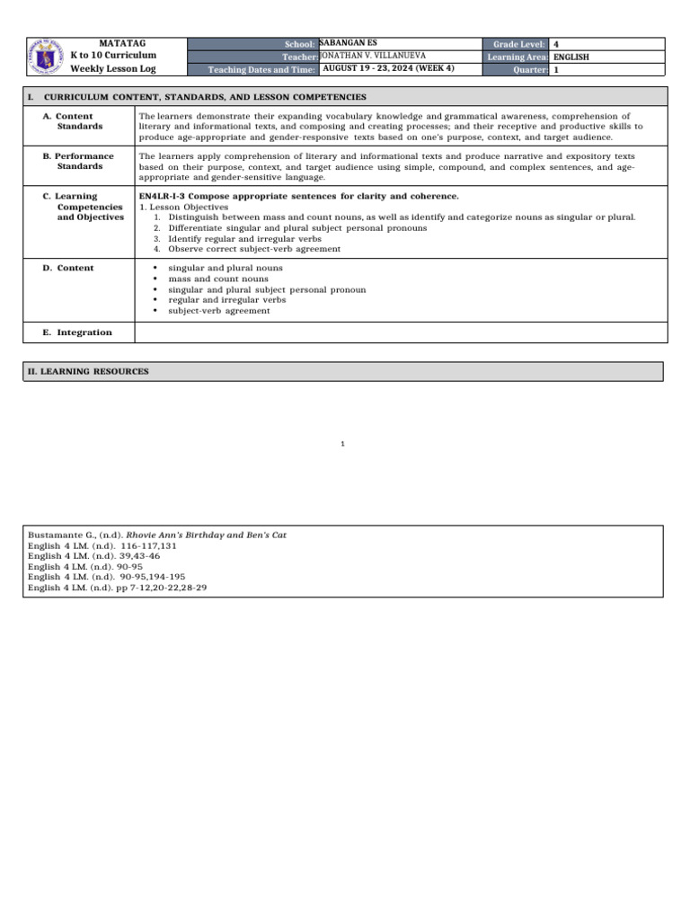 DLL Matatag - English 4 Q1 W4 | PDF