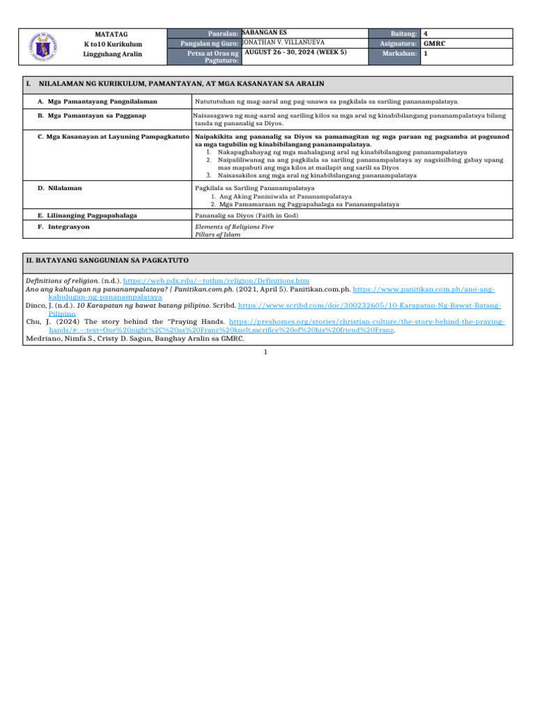 DLL MATATAG _GMRC 4 Q1 W5 | PDF