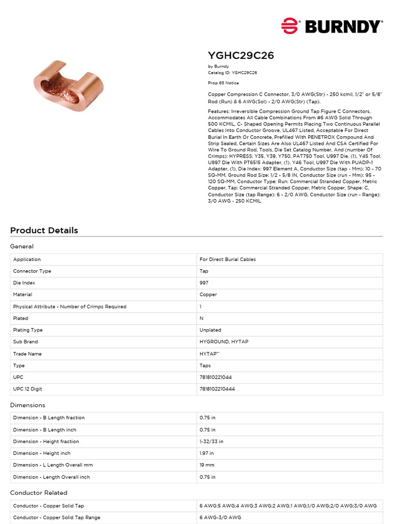 BURNDY YGHC29C26 Specsheet | PDF