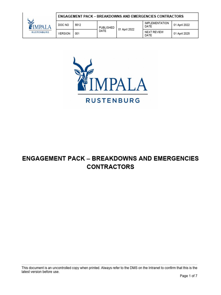 Engagement Pack - Breakdowns and Emergencies Contractors | PDF