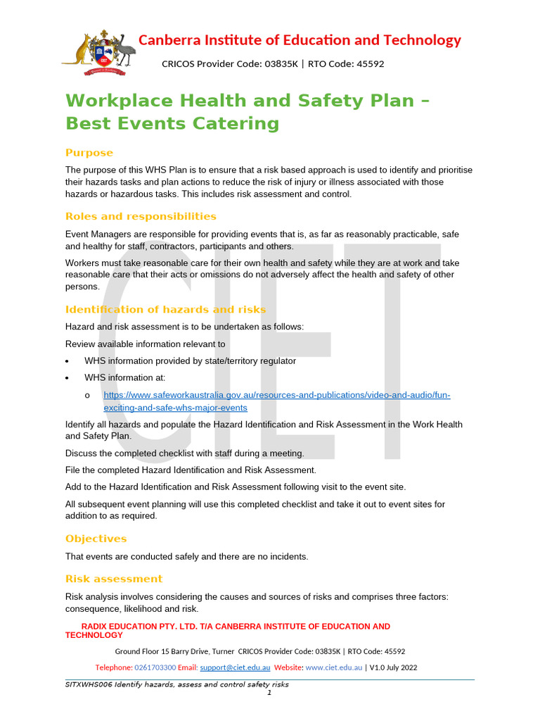 SITXWHS006 WHS Plan | PDF
