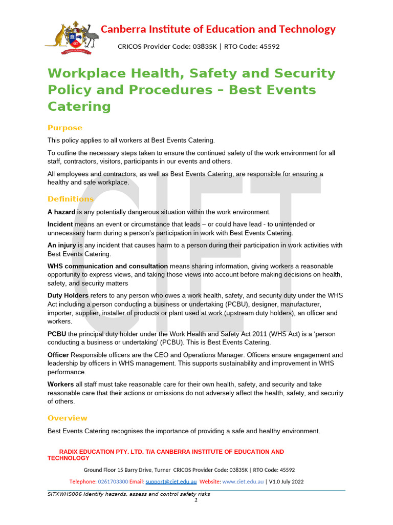 SITXWHS006 WHS Policy and Procedures | PDF