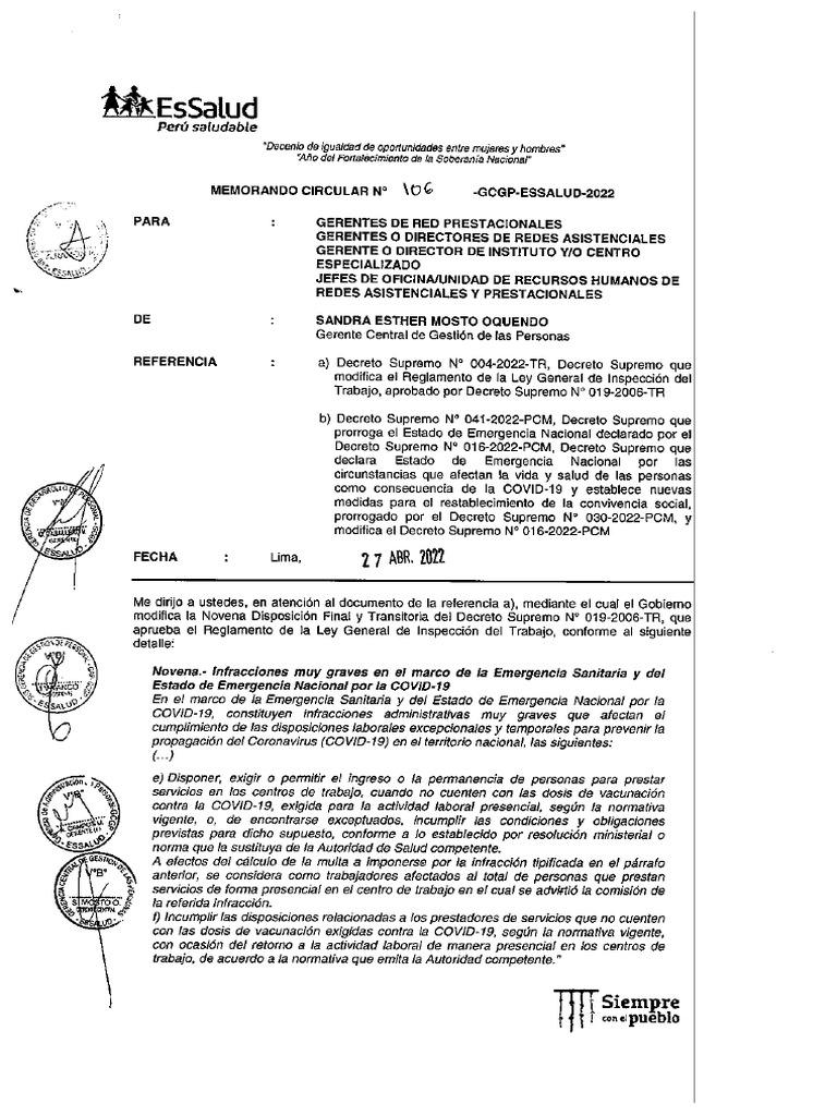 MEMORANDO CIRCULAR #106-GCGP-ESSALUD-2022 - Removed | PDF