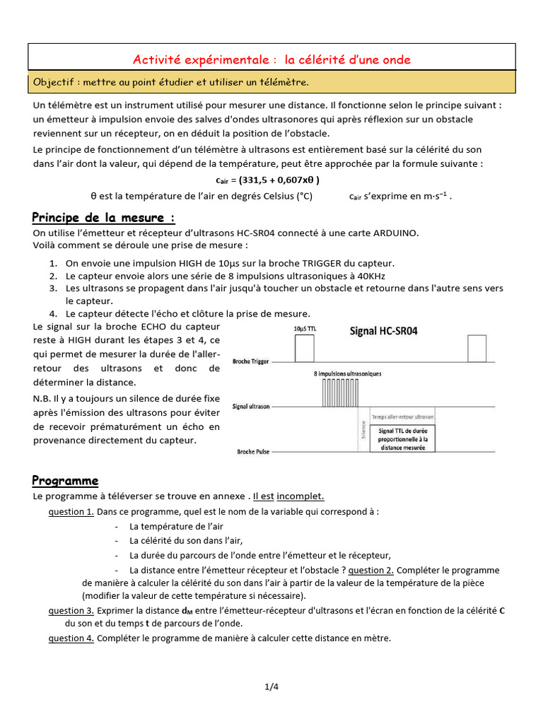 Arduino Ultrason Hc Sr04 Sujet Tp Pdf