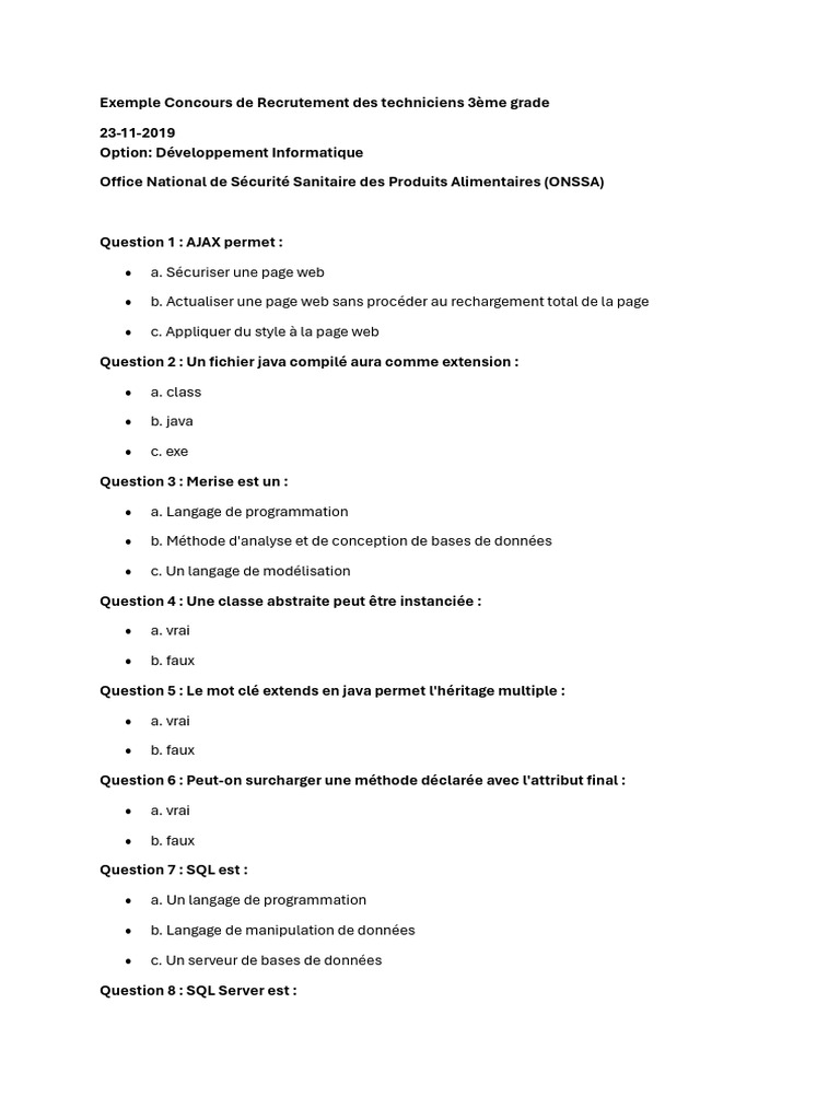 Exemple Concours de Recrutement Technicien 3ème Grade2 | PDF