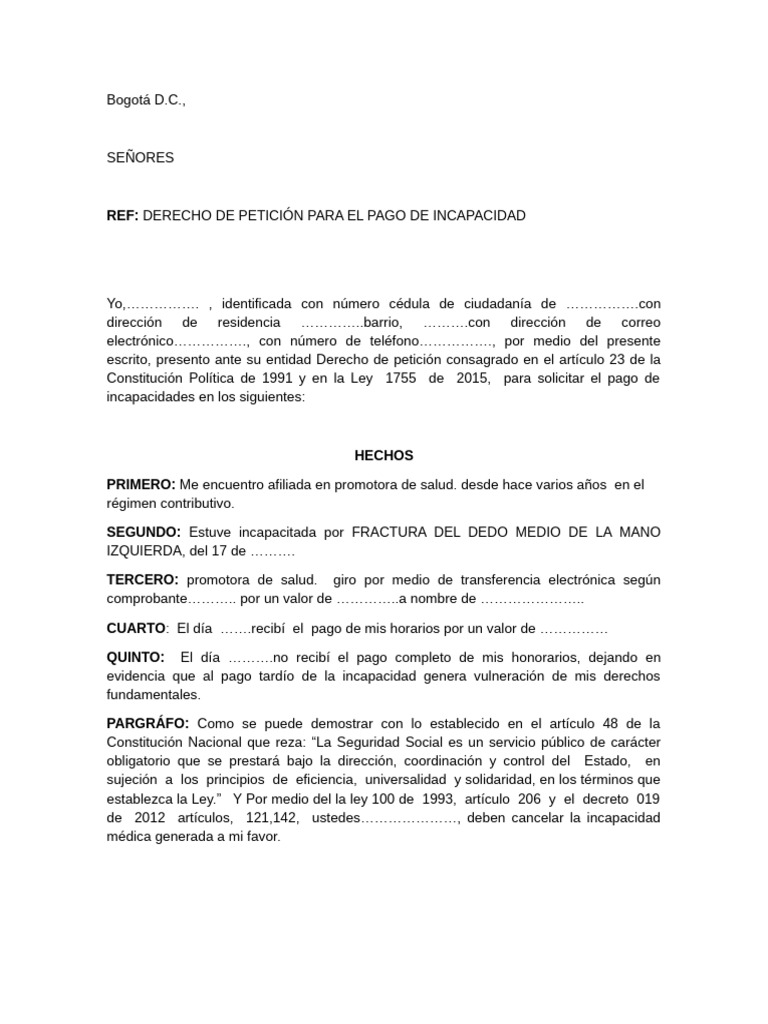 Ejemplo DERECHO DE PETICIÓN PARA EL PAGO DE INCAPACIDAD | PDF ...