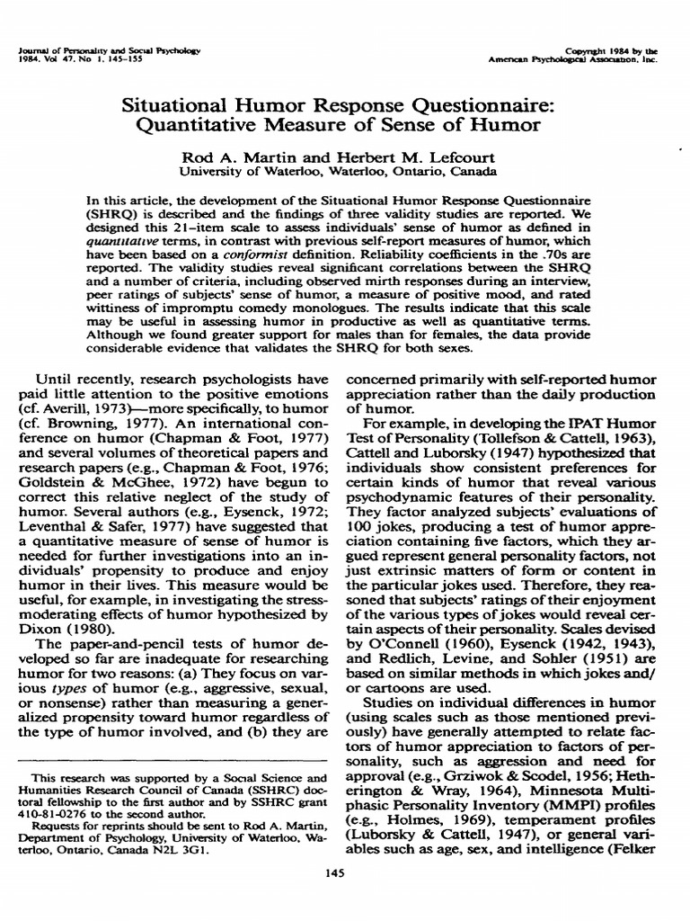 Situational Humor Response Questionnaire: Quantitative Measure of Sense ...