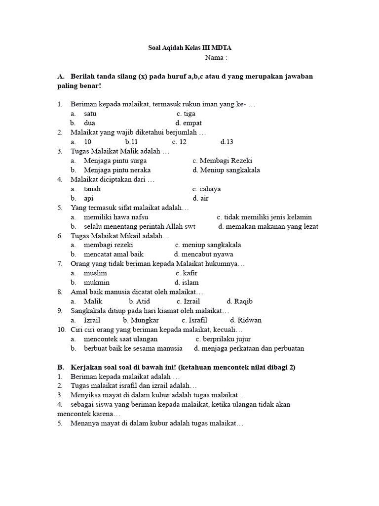 Soal Aqidah Kelas 3 Mdta | PDF