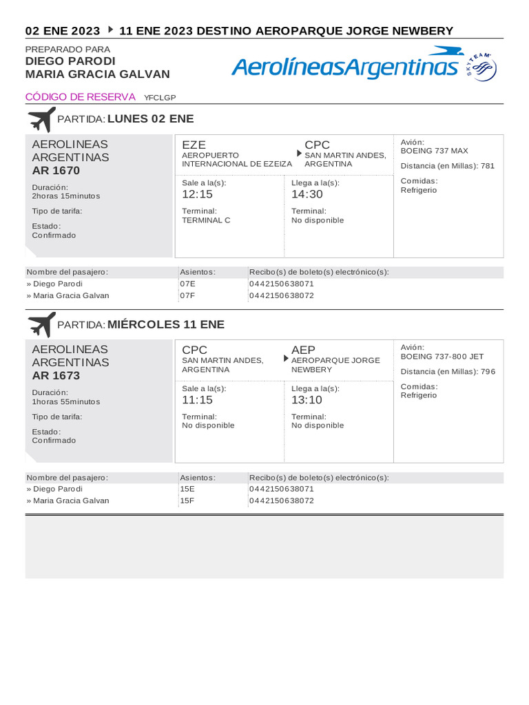 Reserva de Viaje 02 Enero para DIEGO PARODI | PDF