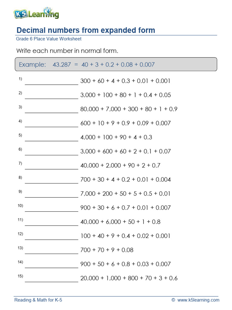 Grade 6 Place Value Normal Form 6 Decimal Digits A | PDF